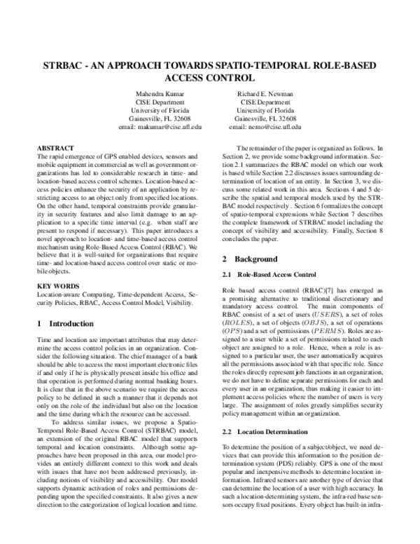 Pdf Strbac An Approach Towards Spatio Temporal Role Based Access Control Mahendra Kumar