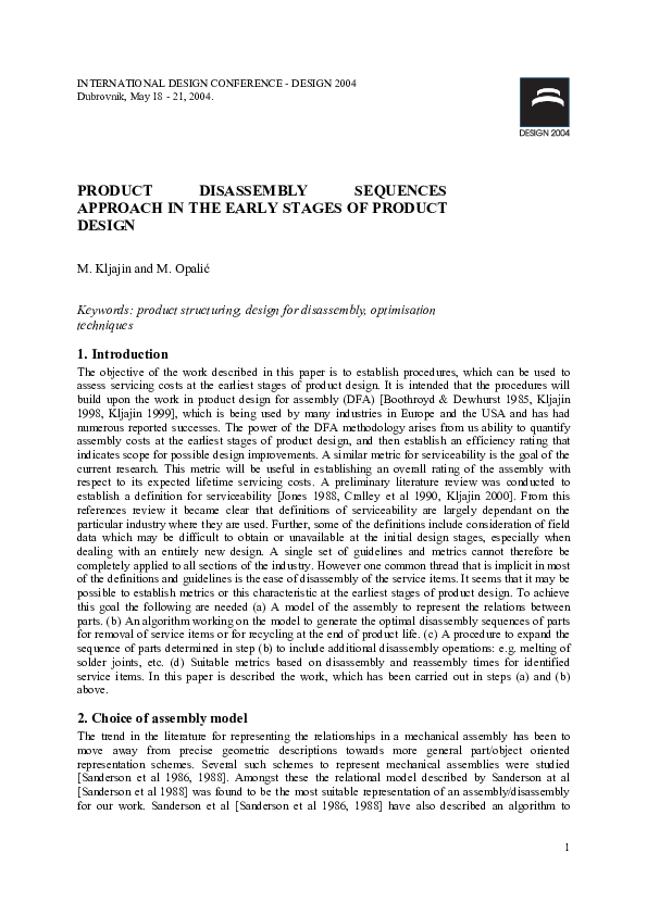 (PDF) Product Disassembly Sequences Approach in the Early Stages of ...