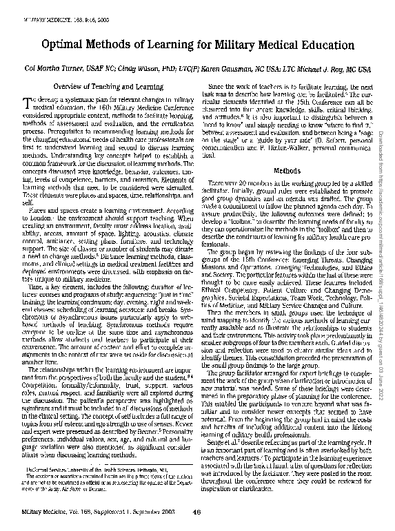 (PDF) Optimal Methods of Learning for Military Medical Education