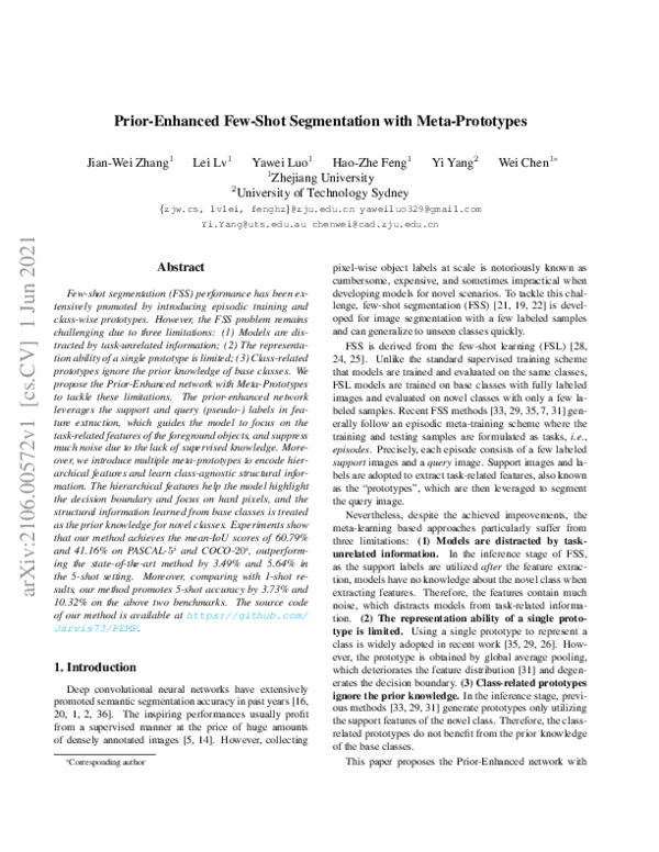 (PDF) Prior-Enhanced Few-Shot Segmentation with Meta-Prototypes | Yawei ...