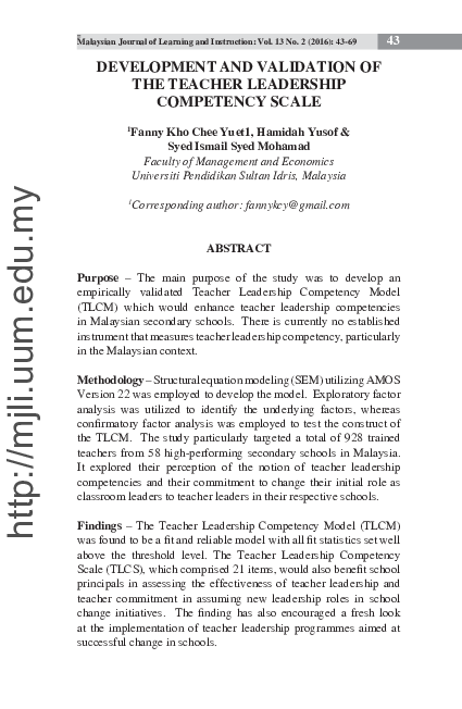 (PDF) Development and Validation of the Teacher Leadership Competency Scale