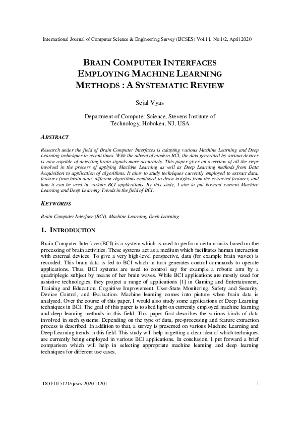 Pdf Brain Computer Interfaces Employing Machine Learning Methods A Systematic Review