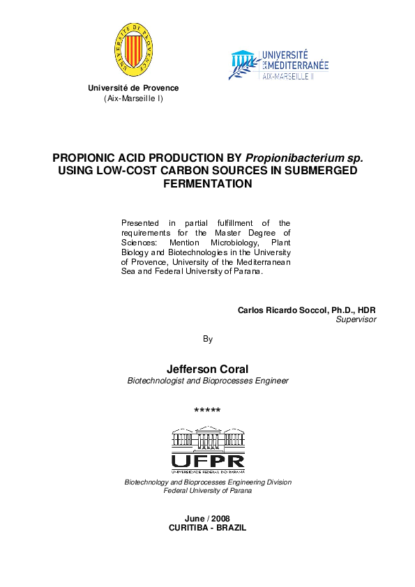 (PDF) Propionic acid production by Propionibacterium sp. using low-cost ...