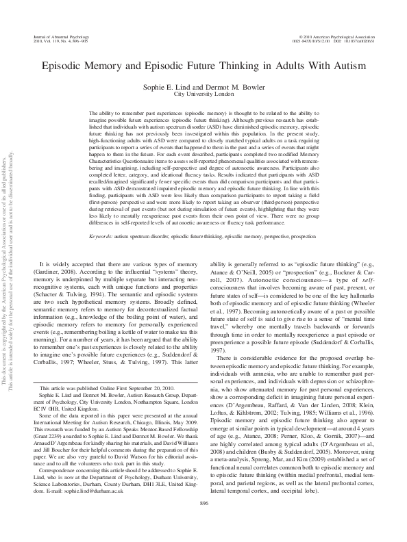 (PDF) Episodic memory and episodic future thinking in adults with autism