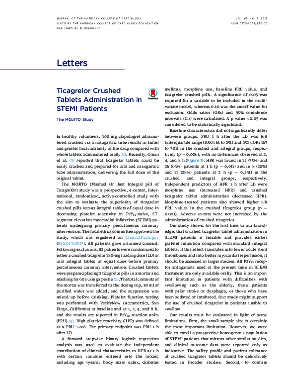 (PDF) Ticagrelor Crushed Tablets Administration in STEMI Patients ...