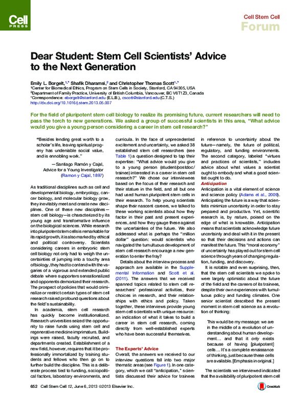 (PDF) Dear Student: Stem Cell Scientists’ Advice to the Next Generation