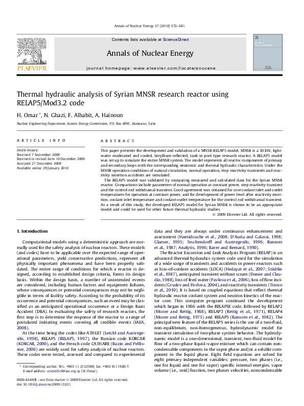 (PDF) Thermal hydraulic analysis of Syrian MNSR research reactor using RELAP5/Mod3.2 code
