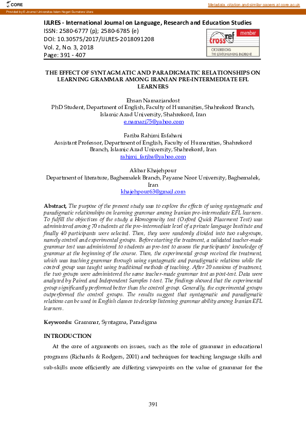 Pdf The Effect Of Syntagmatic And Paradigmatic Relationships On