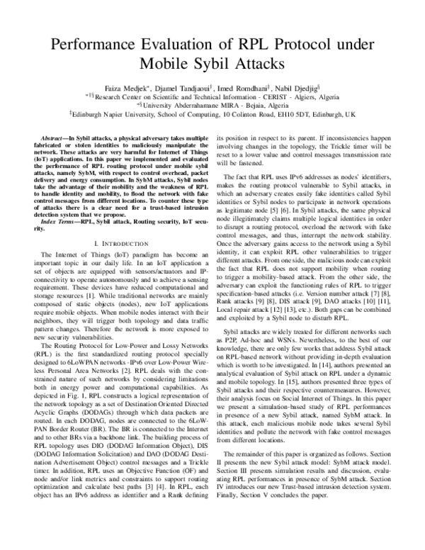 (PDF) Performance Evaluation of RPL Protocol under Mobile Sybil Attacks