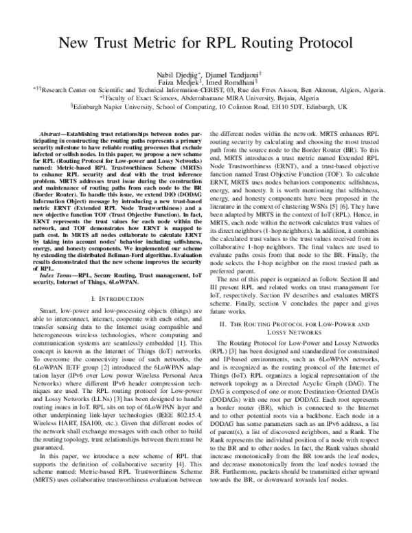 (PDF) New trust metric for the RPL routing protocol