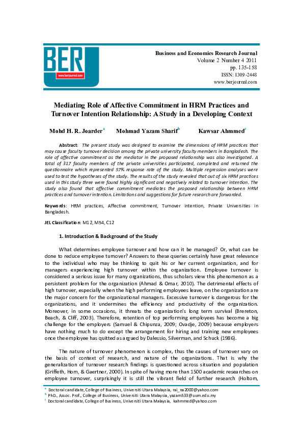 (PDF) Mediating Role of Affective Commitment in HRM Practices and Turnover Intention ...