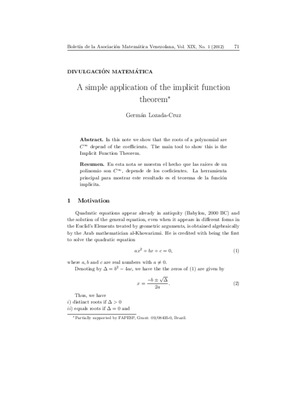 (PDF) A simple application of the implicit function theorem