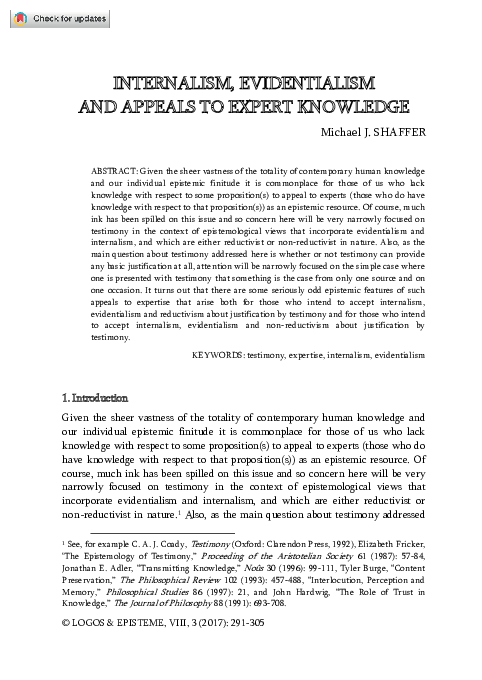 (PDF) Internalism, Evidentialism and Appeals to Expert Knowledge