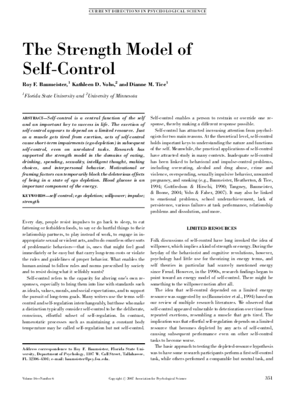 (PDF) The Strength Model of Self-Control