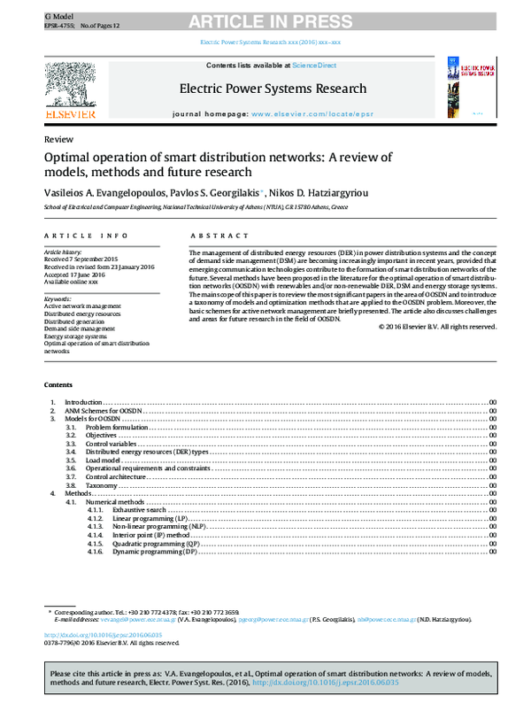 Pdf Optimal Operation Of Smart Distribution Networks A Review Of Models Methods And Future