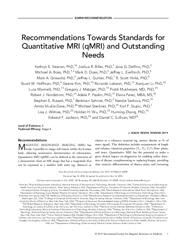 (PDF) Recommendations towards standards for quantitative MRI (qMRI) and outstanding needs