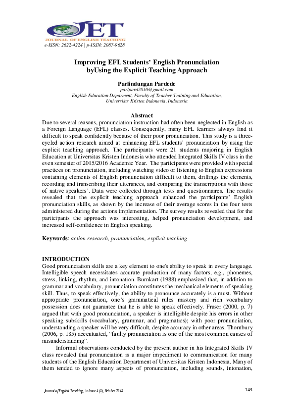 (PDF) Improving EFL Students’ English Pronunciation by Using the Explicit Teaching Approach