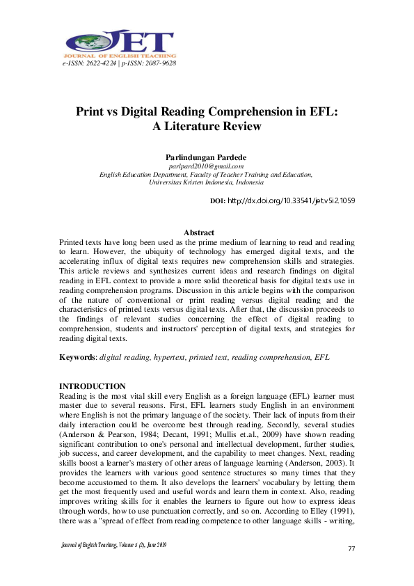 (PDF) Print vs Digital Reading Comprehension in EFL: A Literature Review