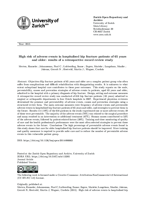 Pdf High Risk Of Adverse Events In Hospitalised Hip Fracture Patients Of 65 Years And Older