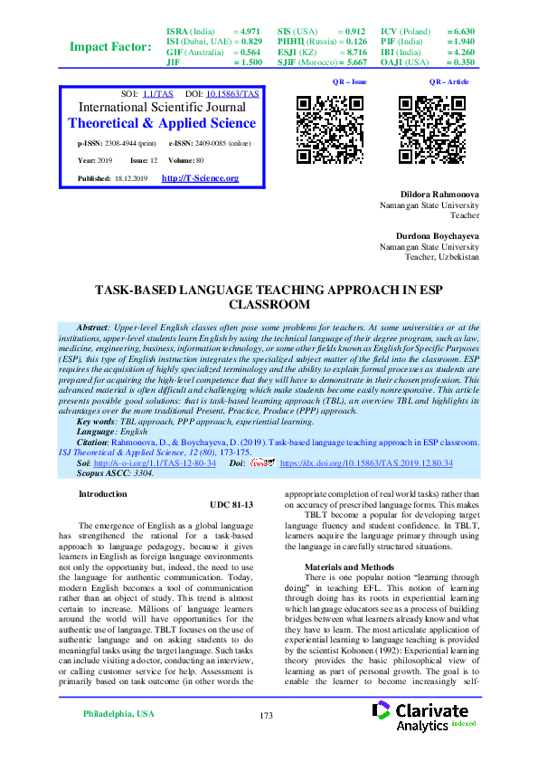 (PDF) Task-Based Language Teaching Approach in Esp Classroom