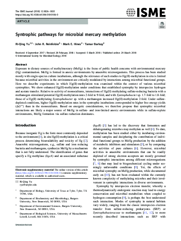 Pdf Syntrophic Pathways For Microbial Mercury Methylation Ri Qing Yu