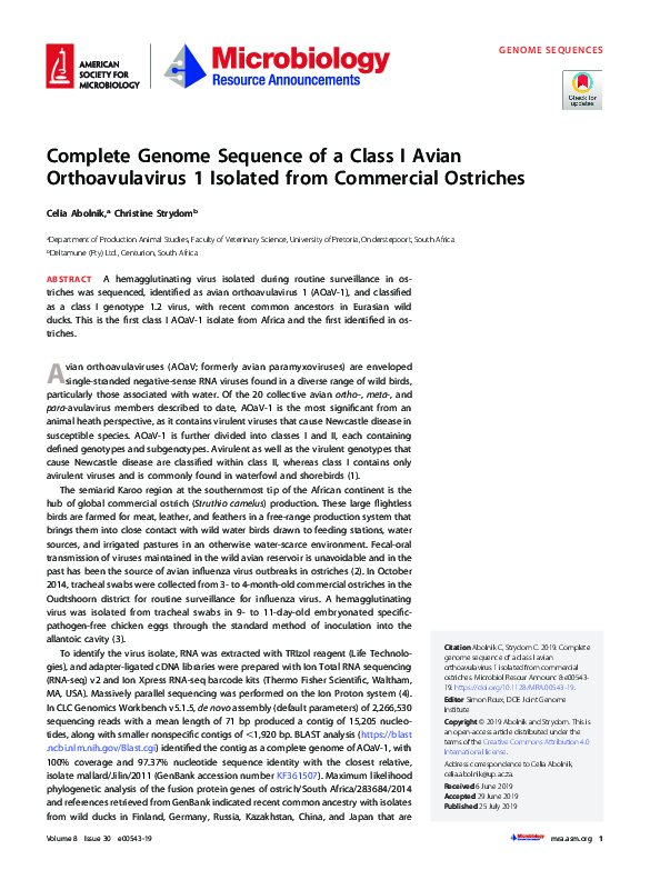 (PDF) Complete Genome Sequence of a Class I Avian Orthoavulavirus 1 ...