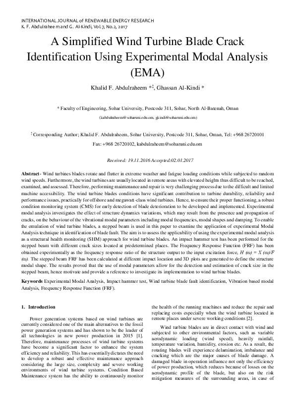 Pdf A Simplified Wind Turbine Blade Crack Identification Using Experimental Modal Analysis