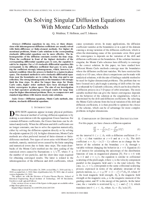 (PDF) On Solving Singular Diffusion Equations With Monte Carlo Methods