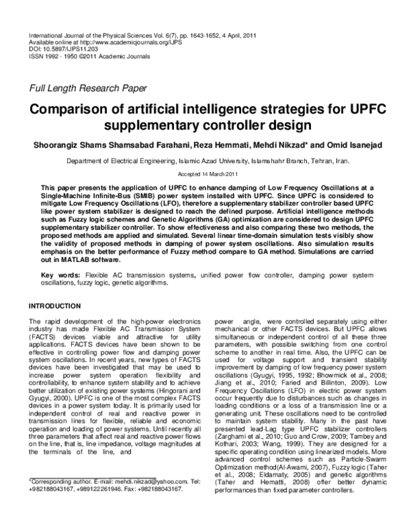 (PDF) Comparison of artificial intelligence strategies for UPFC supplementary controller design