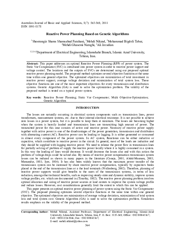 (PDF) Reactive Power Planning Based on Genetic Algorithms