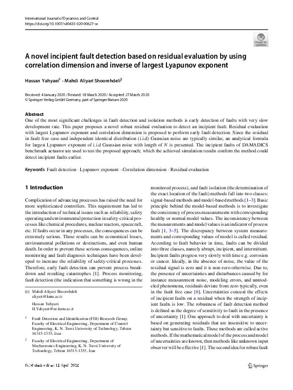 (PDF) A novel incipient fault detection based on residual evaluation by using correlation ...