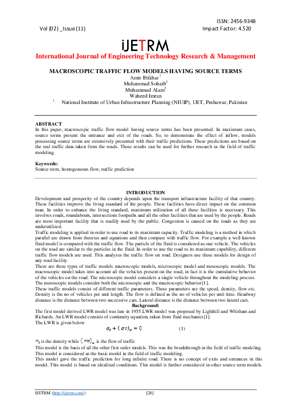 (PDF) Macroscopic Traffic Flow Models Having Source Terms
