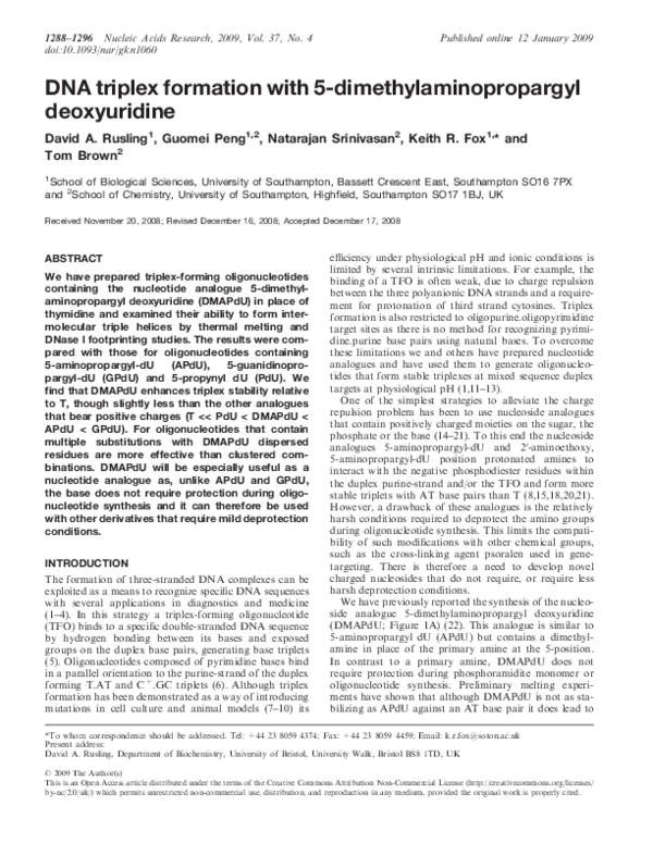 (PDF) DNA triplex formation with 5-dimethylaminopropargyl deoxyuridine