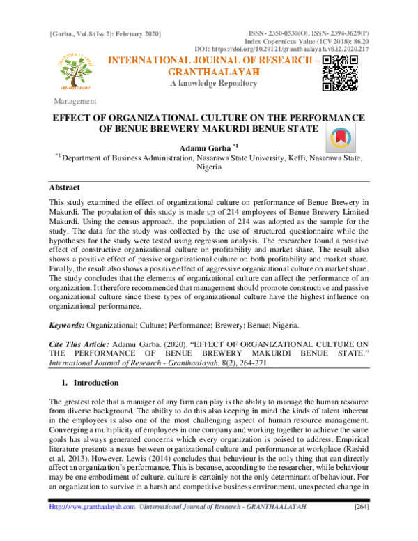 (PDF) Effect of Organizational Culture on the Performance of Benue ...