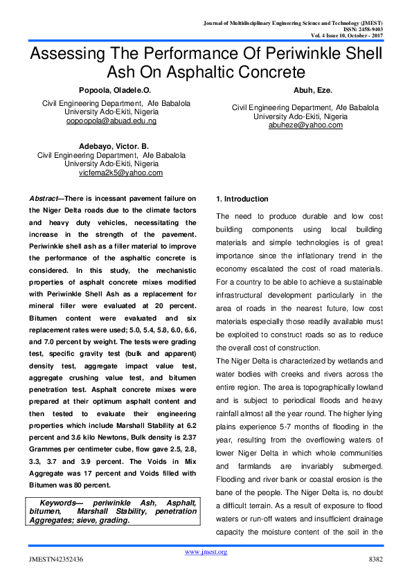 (PDF) Assessing The Performance Of Periwinkle Shell Ash On Asphaltic ...