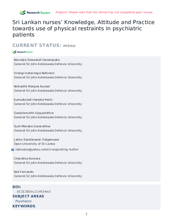 (PDF) Sri Lankan nurses’ Knowledge, Attitude and Practice towards use of physical restraints in ...
