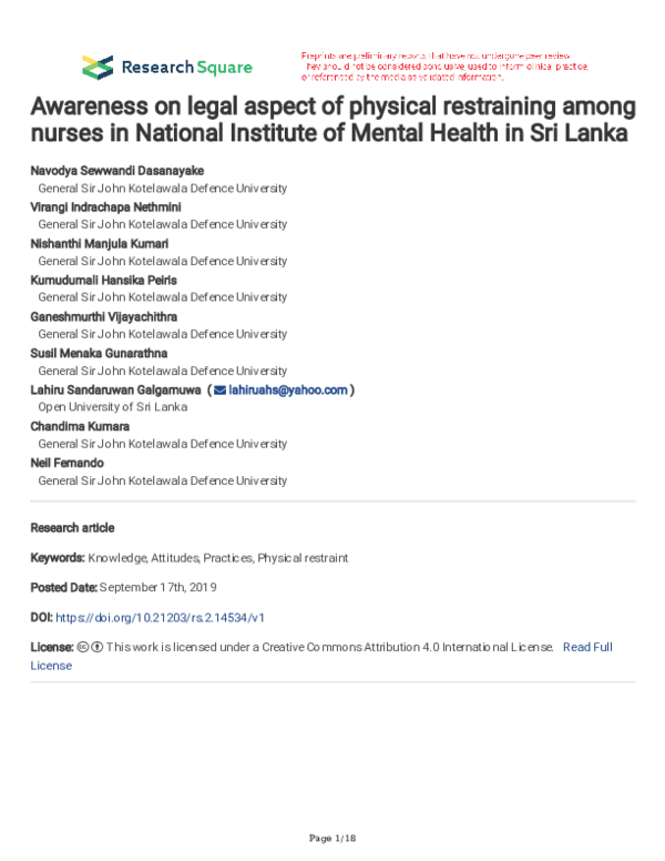 (PDF) Awareness on legal aspect of physical restraining among nurses in ...