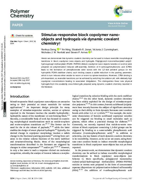 Pdf Stimulus Responsive Block Copolymer Nano Objects And Hydrogels Via Dynamic Covalent Chemistry