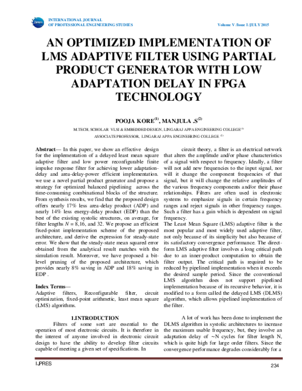 Pdf An Optimized Implementation Of Lms Adaptive Filter Using Partial