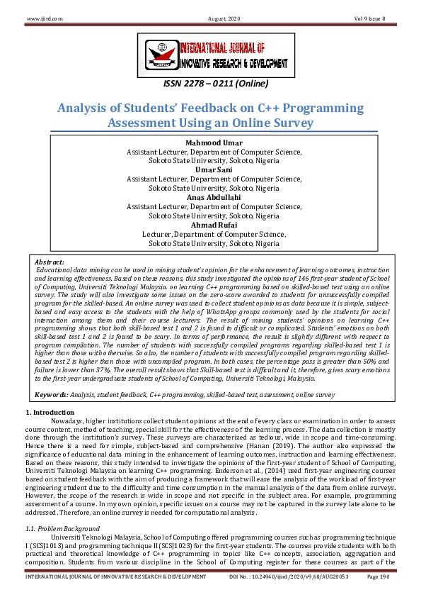 (PDF) Analysis of Students’ Feedback on C++ Programming Assessment Using an Online Survey