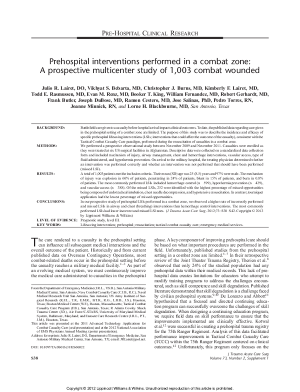 (PDF) Prehospital interventions performed in a combat zone
