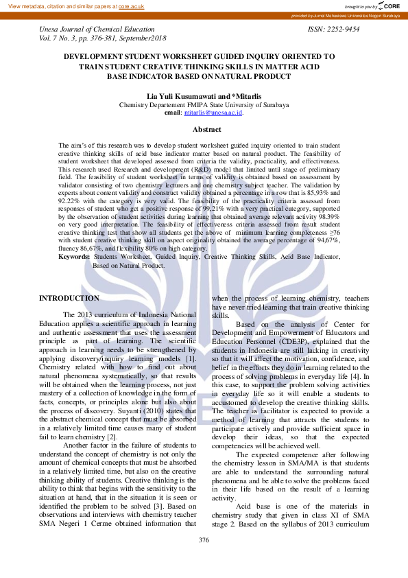 (PDF) Development Student Worksheet Guided Inquiry Oriented to Train Student Creative Thinking ...