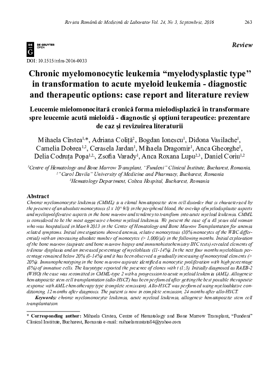 (PDF) Chronic myelomonocytic leukemia “myelodysplastic type’’ in transformation to acute myeloid ...