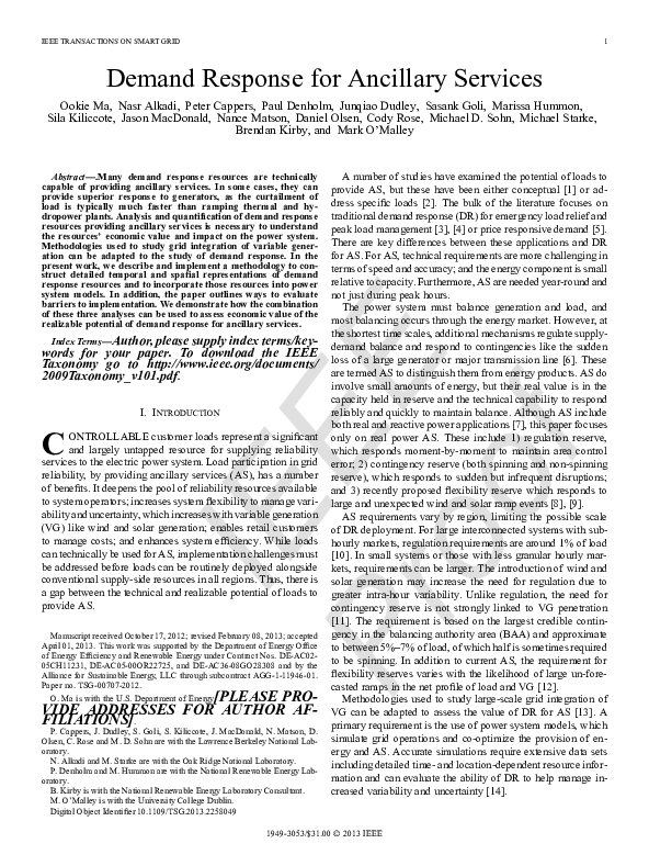 (PDF) Demand Response for Ancillary Services