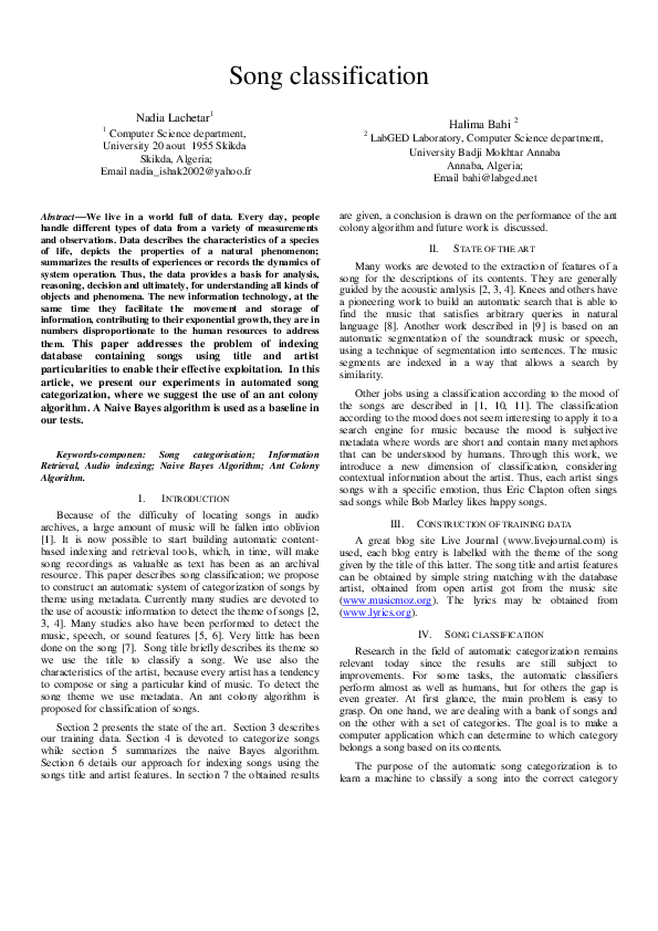 (PDF) Classification of a Song