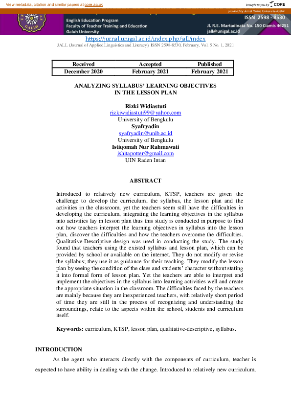 (PDF) Analyzing Syllabus’ Learning Objectives in the Lesson Plan