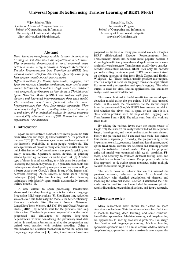 (PDF) Universal Spam Detection using Transfer Learning of BERT Model