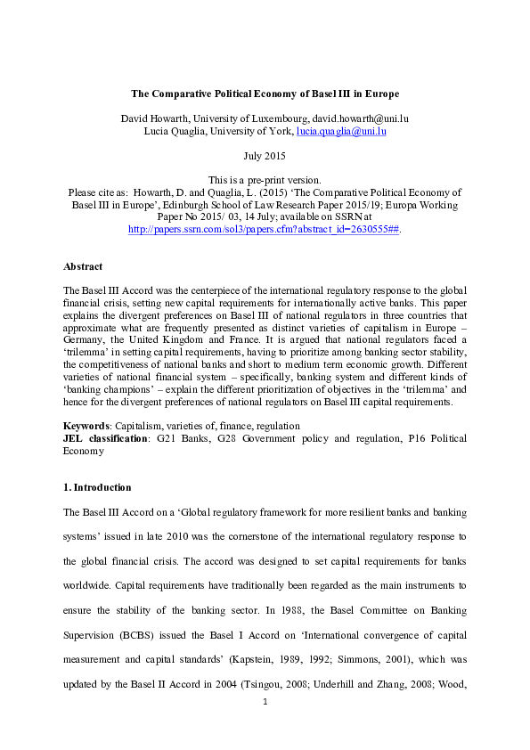 (PDF) The Comparative Political Economy Basel III in Europe