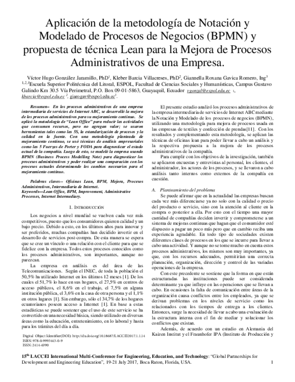 (PDF) Aplicación de la metodología de Notación y Modelado de Procesos de Negocios (BPMN) y ...