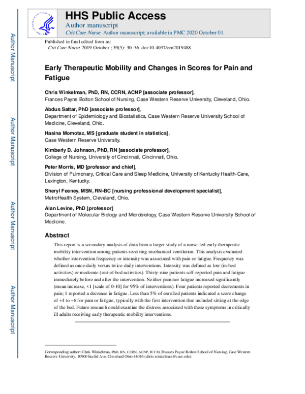 (PDF) Early Therapeutic Mobility and Changes in Scores for Pain and Fatigue